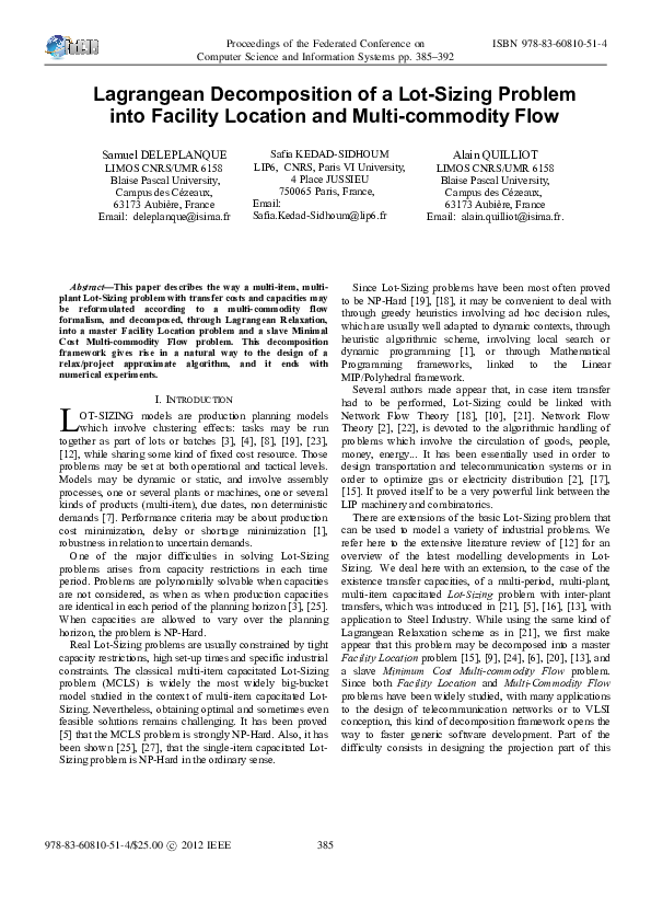 (PDF) Lagrangean decomposition of a Lot-Sizing problem into Facility Location and Multi ...