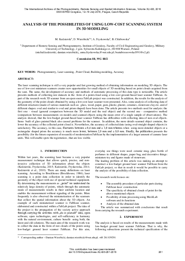 (PDF) Analysis of the Possibilities of Using Low-Cost Scanning System in 3D Modeling