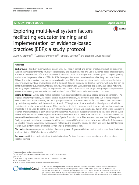 (PDF) Exploring Multi-Level System Factors Facilitating Educator Training and Implementation of ...