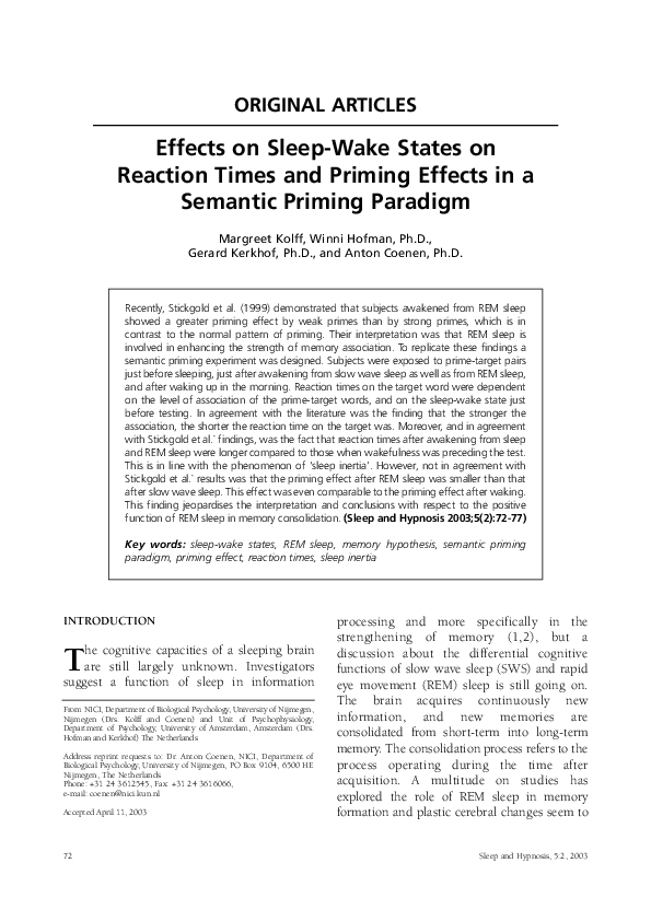 (PDF) Effects of sleep-wake states on reaction times and priming ...