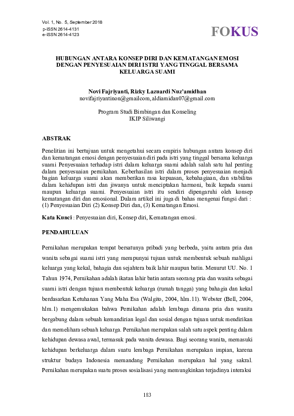 (PDF) Hubungan Antara Konsep Diri Dan Kematangan Emosi Dengan Penyesuaian Diri Istri Yang ...