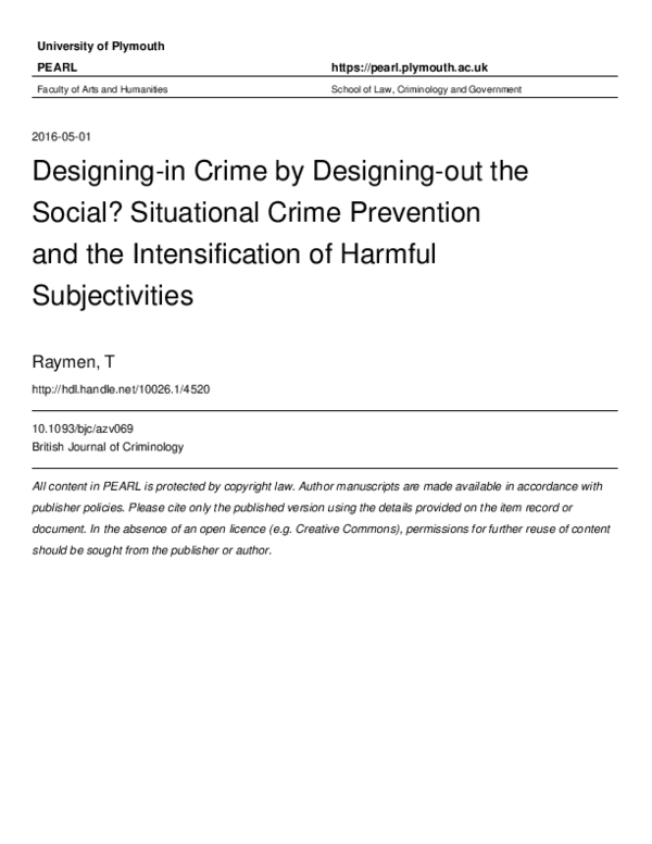 (PDF) Designing-in Crime by Designing-out the Social? Situational Crime ...