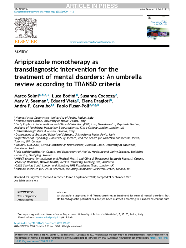 (PDF) Aripiprazole monotherapy as transdiagnostic intervention for the ...