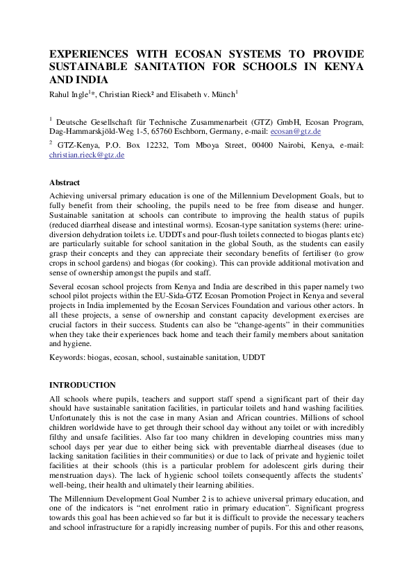 (PDF) Experiences with Ecosan Systems to Provide Sustainable Sanitation ...