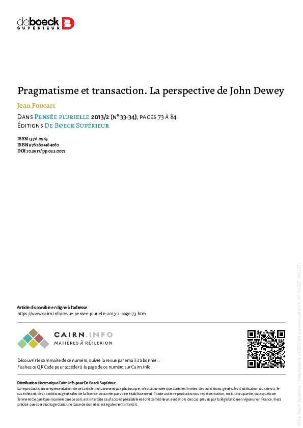 (PDF) Pragmatisme et transaction. La perspective de John Dewey