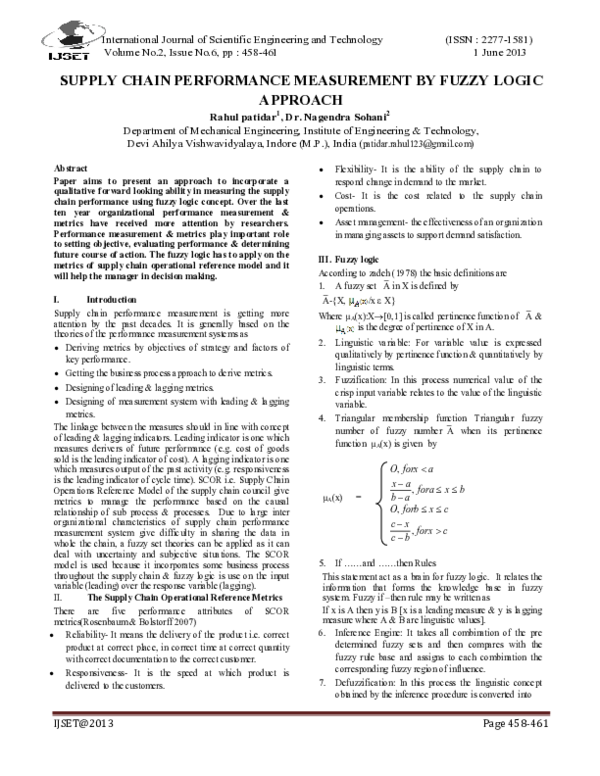 Pdf Supply Chain Performance Measurement By Fuzzy Logic Approach
