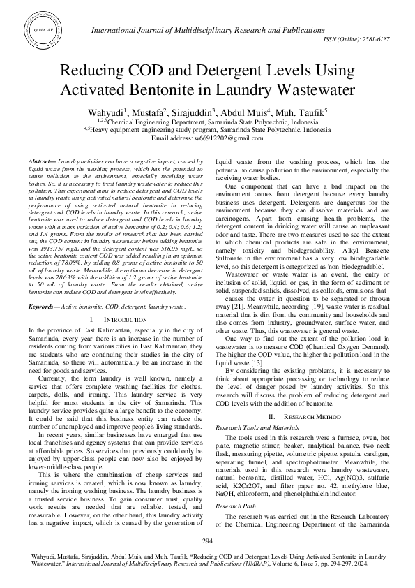 (PDF) Reducing COD and Detergent Levels Using Activated Bentonite in ...