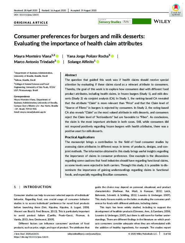 (PDF) Consumer preferences for burgers and milk desserts: Evaluating ...