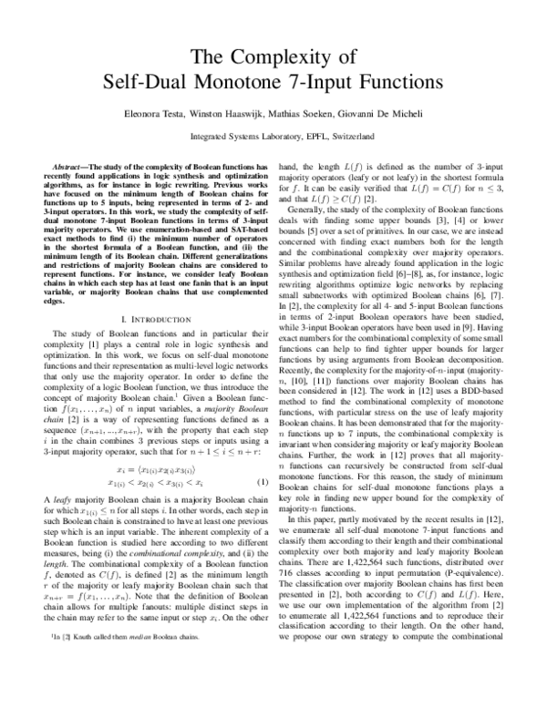 Pdf The Complexity Of Self Dual Monotone 7 Input Functions