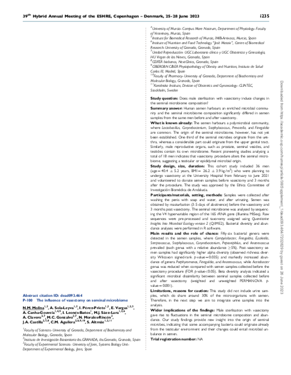 (PDF) P-100 The influence of vasectomy on seminal microbiome