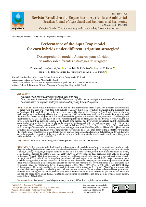 (PDF) Performance of the AquaCrop model for corn hybrids under ...