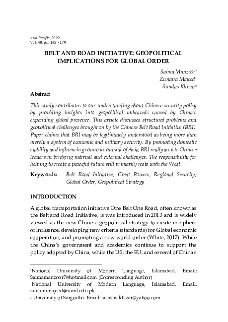 (PDF) Belt and Road Initiative: Geopolitical Implications for Global Order