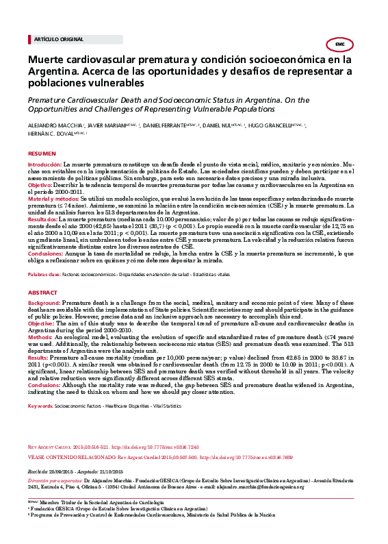 Muerte Cardiovascular Prematura y Condición Socioeconómica en Argentina ...