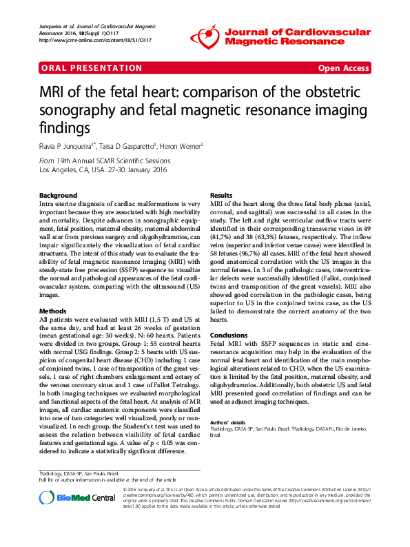 (PDF) MRI of the fetal heart: comparison of the obstetric sonography and fetal magnetic ...