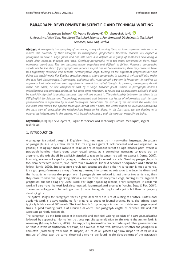 (PDF) Paragraph development in scientific and technical writing