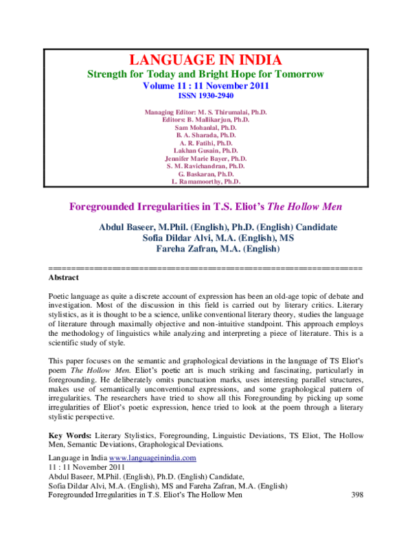 (PDF) Foregrounded Irregularities in T.S. Eliot's The Hollow Men