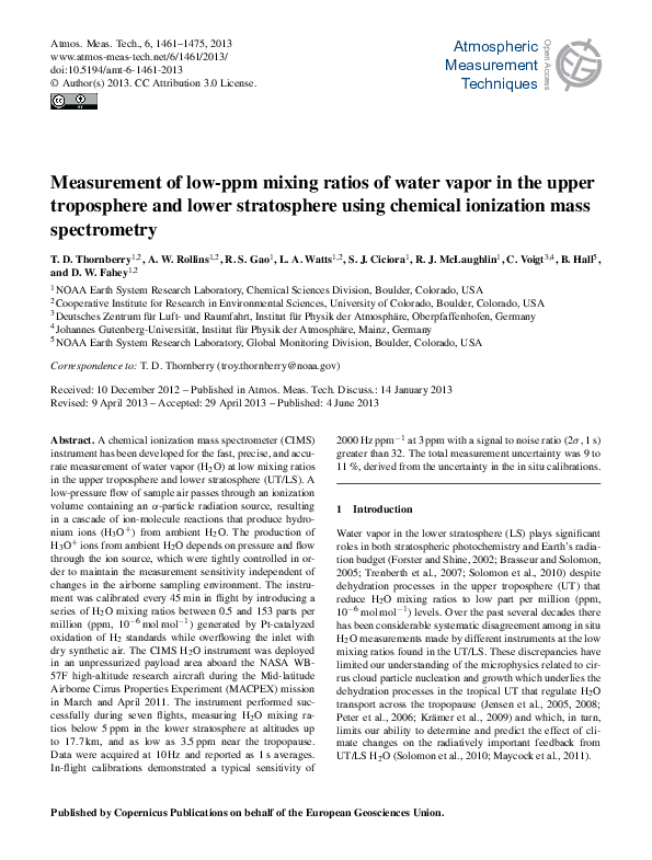 (PDF) Measurement of low-ppm mixing ratios of water vapor in the upper ...