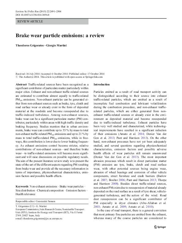 (PDF) Brake wear particle emissions: a review