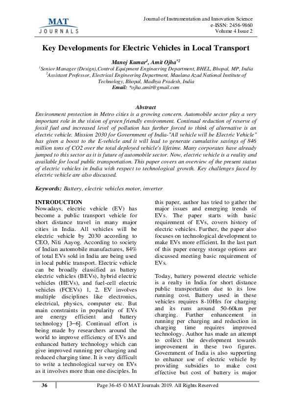 (PDF) Key Developments for Electric Vehicles in Local Transport