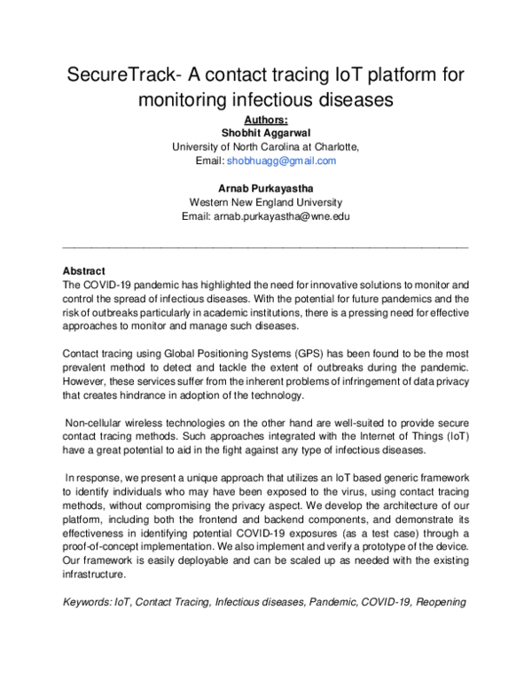(PDF) SecureTrack- A contact tracing IoT platform for monitoring infectious diseases