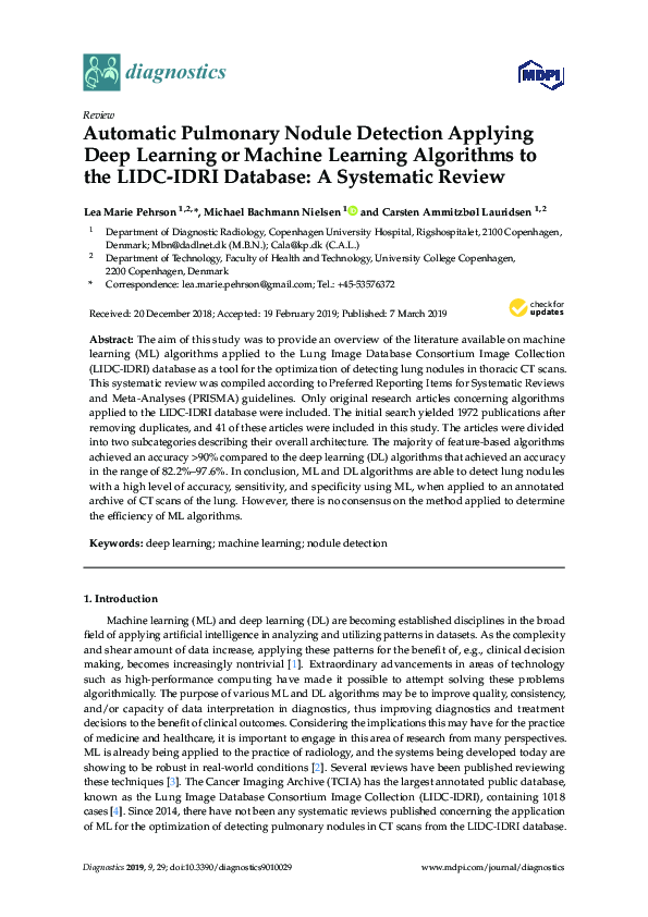 Pdf Automatic Pulmonary Nodule Detection Applying Deep Learning Or Machine Learning Algorithms