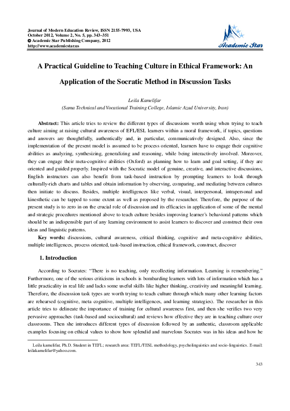 (PDF) A Practical Guideline to Teaching Culture in Ethical Framework: An Application of the ...