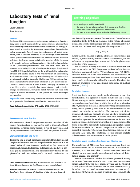 (PDF) Laboratory tests of renal function