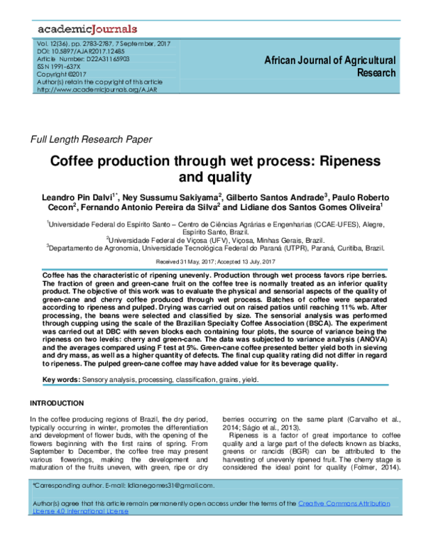 (PDF) Coffee production through wet process: Ripeness and quality