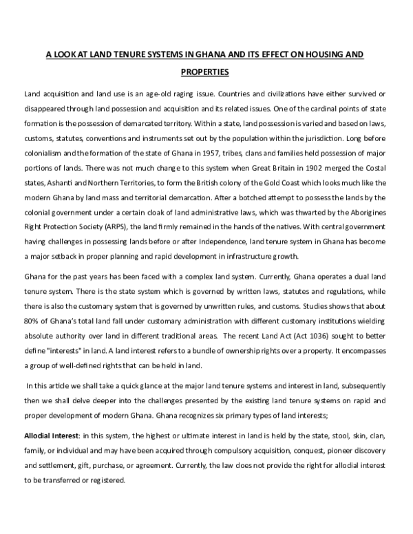 (PDF) A LOOK AT LAND TENURE SYSTEMS IN GHANA AND ITS EFFECT ON HOUSING ...