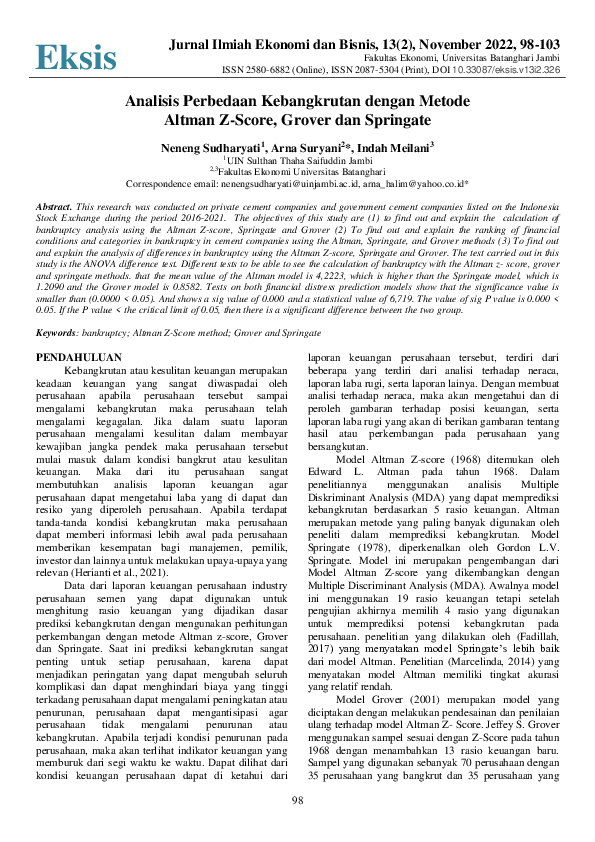 (PDF) Analisis Perbedaan Kebangkrutan dengan Metode Altman Z-Score, Grover dan Springate