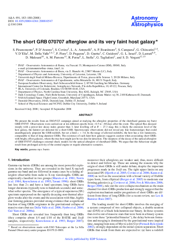 (PDF) The short GRB 070707 afterglow and its very faint host galaxy