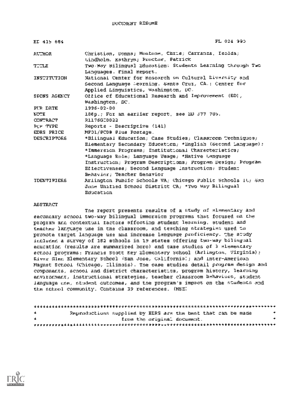 (PDF) Two-Way Bilingual Education: Students Learning through Two ...