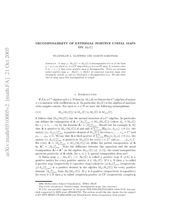 (PDF) Decomposability of extremal positive maps on $M_2$ | Marcin Marciniak - Academia.edu
