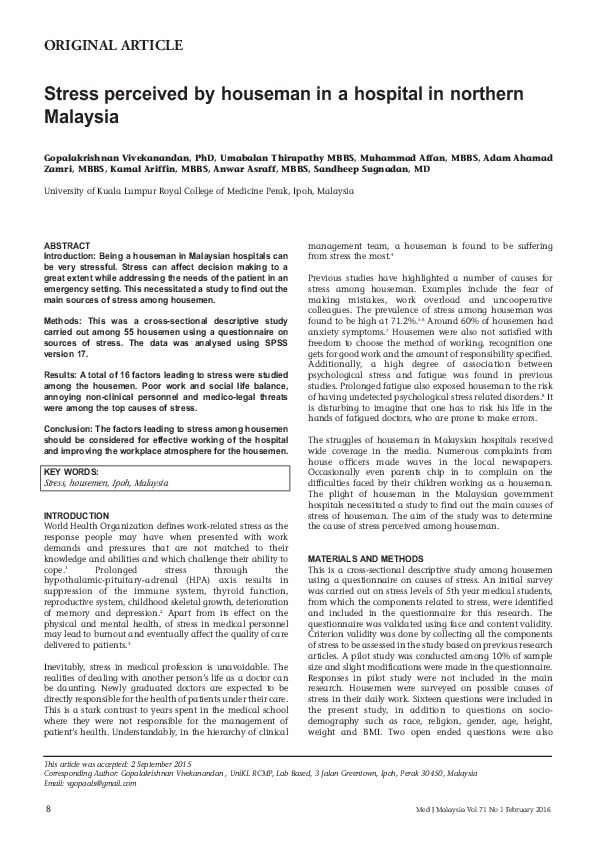 (PDF) Stress perceived by houseman in a hospital in northern Malaysia