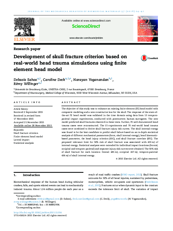 (PDF) Development of skull fracture criterion based on real-world head trauma simulations using ...