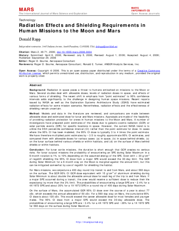 (PDF) Radiation effects and shielding requirements in human missions to ...