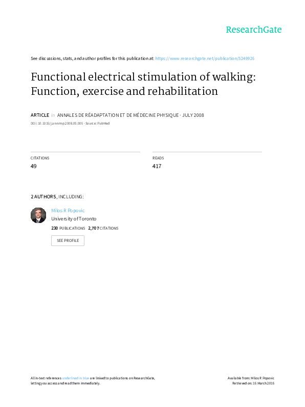 (PDF) Functional electrical stimulation of walking: function, exercise ...