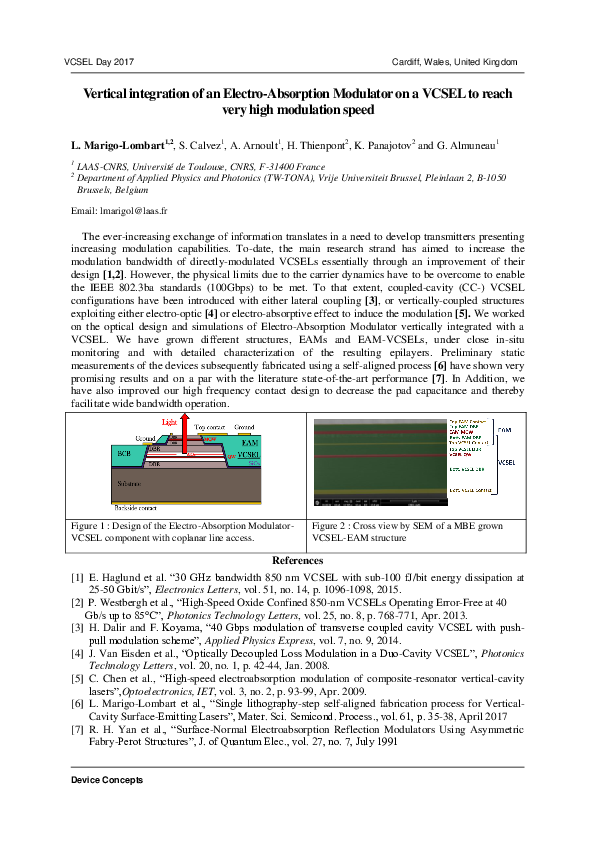 (PDF) Vertical integration of an Electro-Absorption Modulator on a VCSEL to reach very high ...