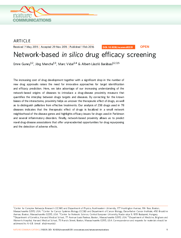 (PDF) Network-based in silico drug efficacy screening