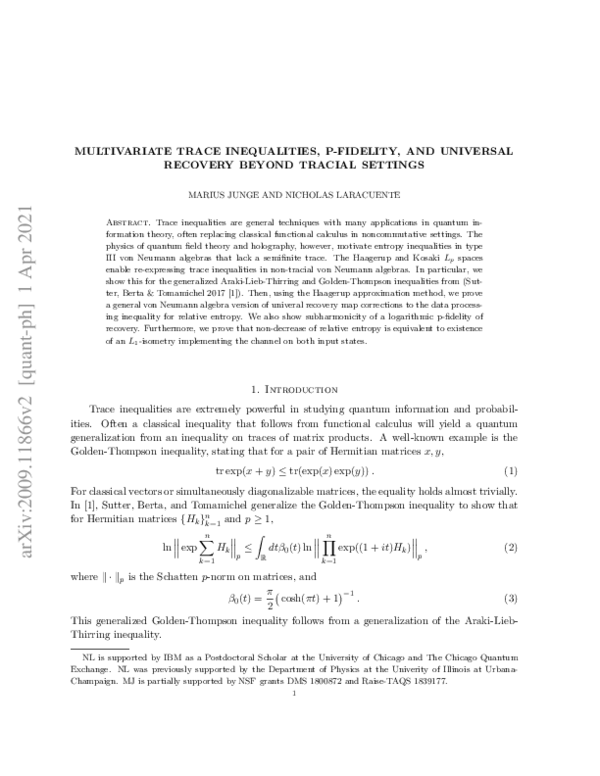 (PDF) Multivariate trace inequalities, p-fidelity, and universal ...