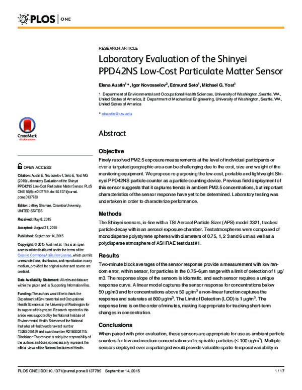 (PDF) Laboratory Evaluation of the Shinyei PPD42NS Low-Cost Particulate ...