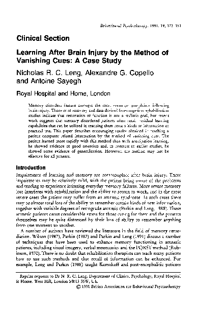 (PDF) Learning After Brain Injury by the Method of Vanishing Cues: A ...