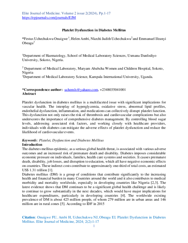 (PDF) Platelet Dysfunction in Diabetes Mellitus