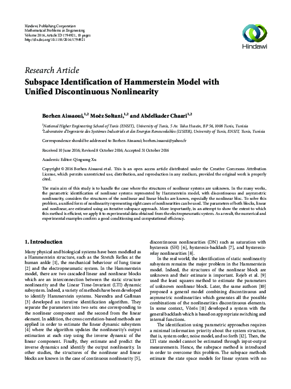 (PDF) Subspace Identification of Hammerstein Model with Unified ...