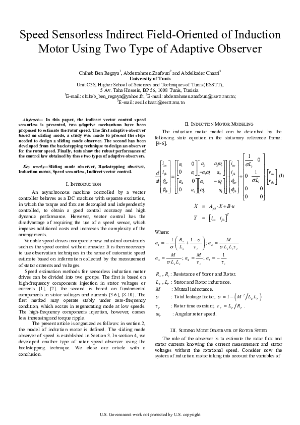 Pdf Speed Sensorless Indirect Field Oriented Of Induction Motor Using Two Type Of Adaptive