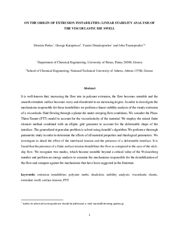 (PDF) On the origin of extrusion instabilities: Linear stability analysis of the viscoelastic ...