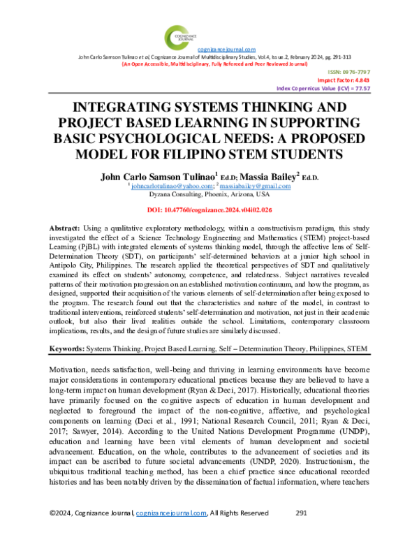 (PDF) INTEGRATING SYSTEMS THINKING AND PROJECT BASED LEARNING IN SUPPORTING BASIC PSYCHOLOGICAL ...