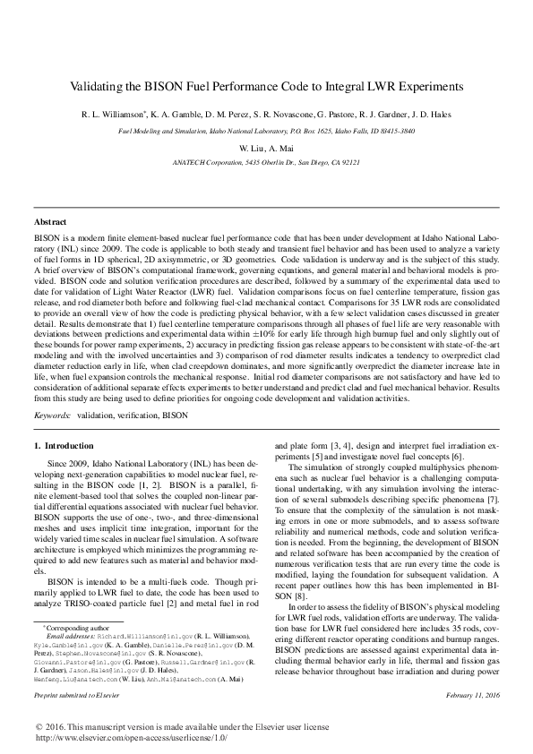 (PDF) Validating the BISON fuel performance code to integral LWR experiments