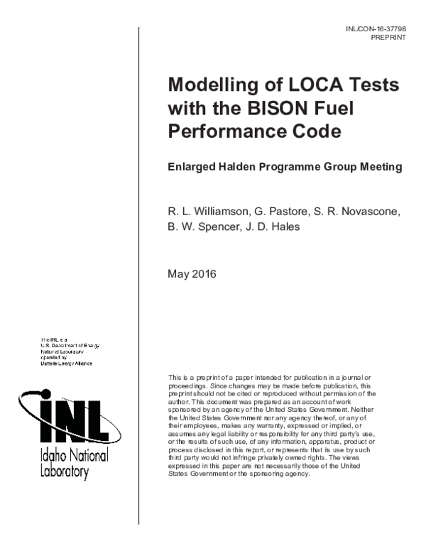 (PDF) Modelling of LOCA Tests with the BISON Fuel Performance Code