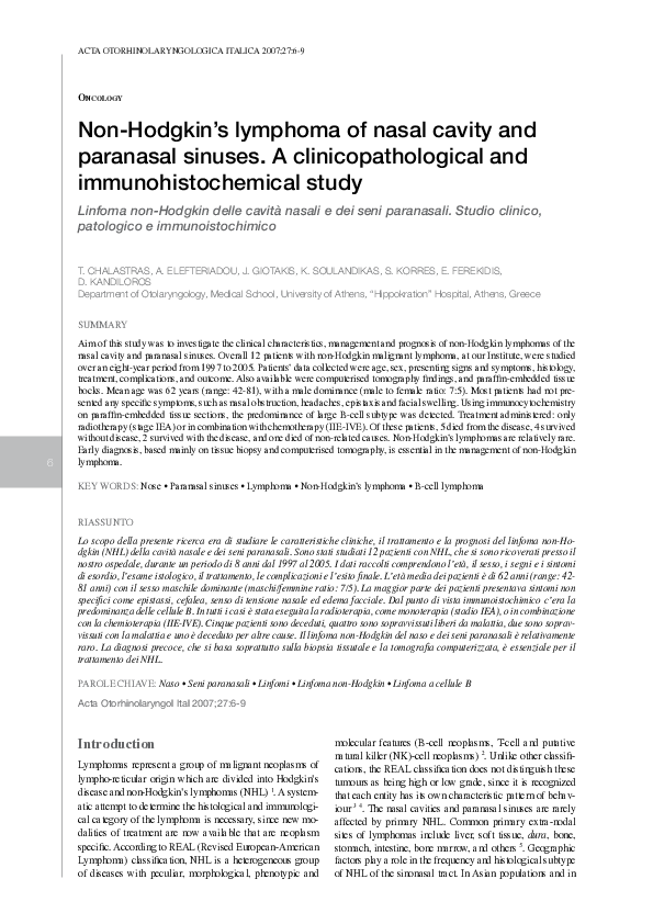 (PDF) Non-Hodgkin's lymphoma of nasal cavity and paranasal sinuses. A ...